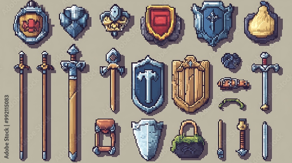Pixel art set of fantasy weapons and armor for game design and ...