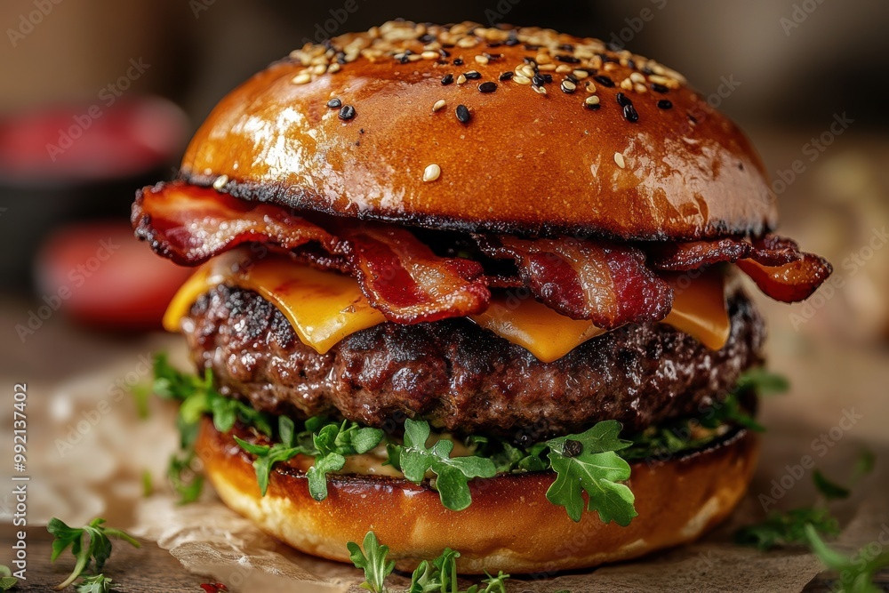 banner design featuring a gourmet beef burger with bacon strips ...