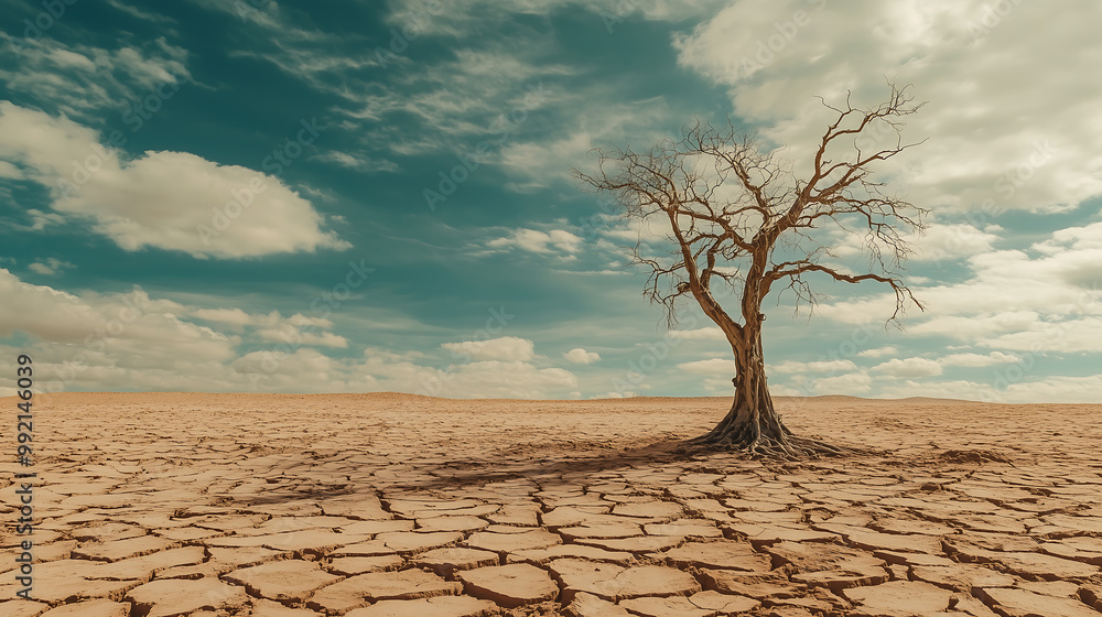 Lone tree standing in a dry cracked desert landscape under a bright sky ...