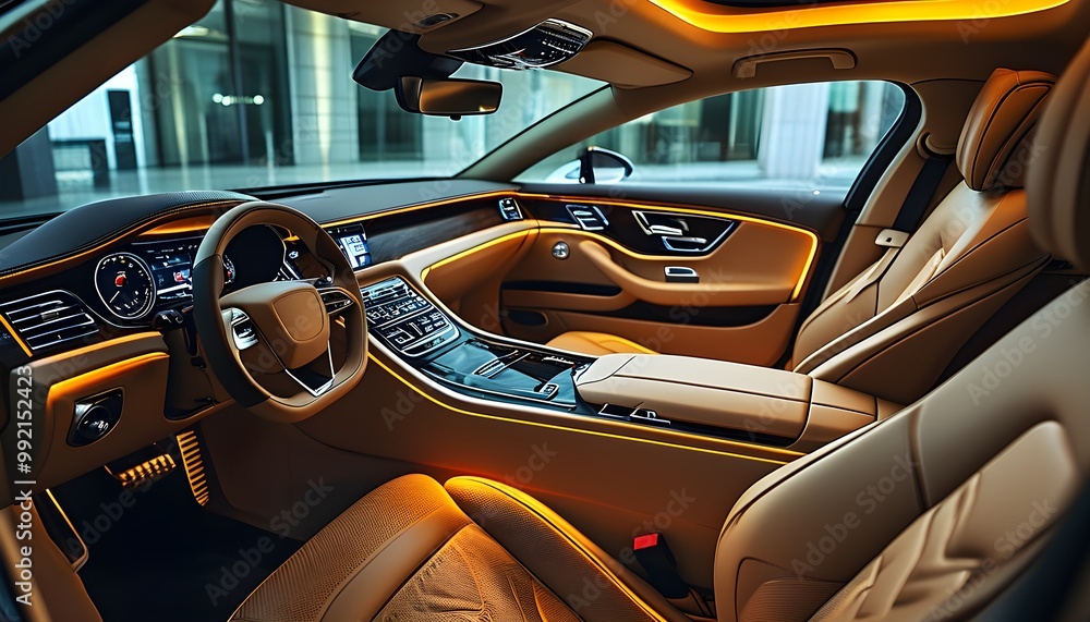 Elegant luxury car interior featuring refined leather, ambient lighting ...
