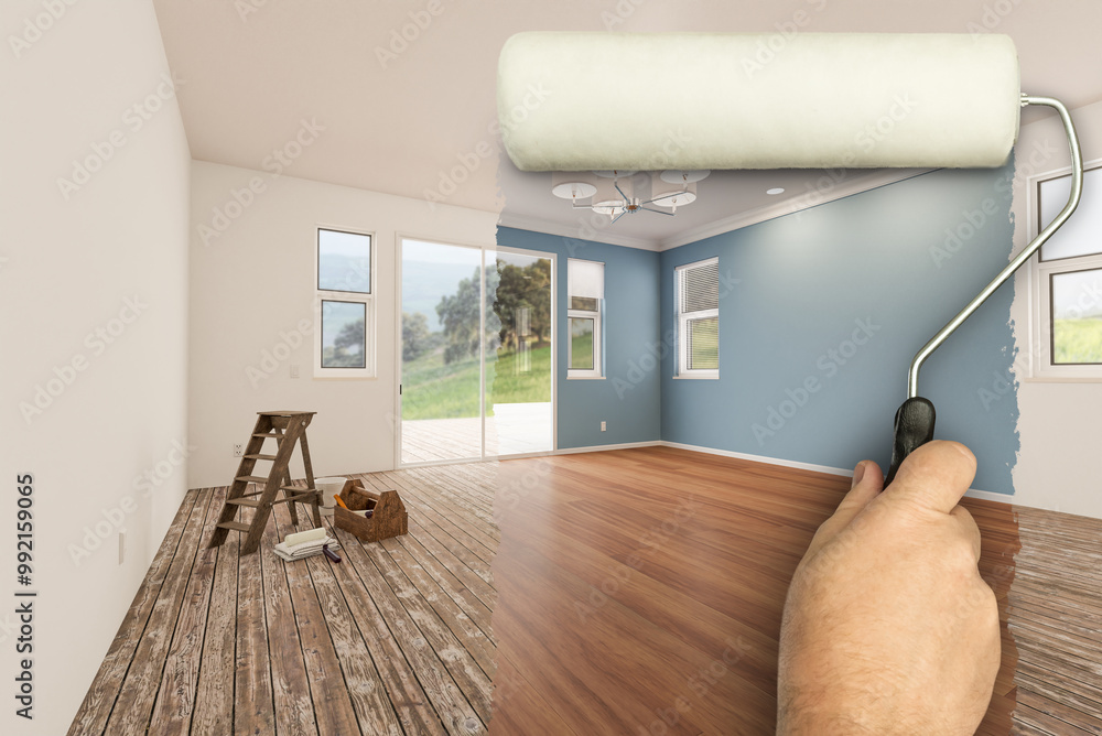 Before and After of Man Using A Paint Roller to Reveal Newly Remodeled ...