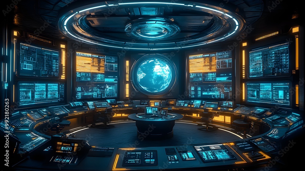 A futuristic circular control room filled with high-tech screens ...