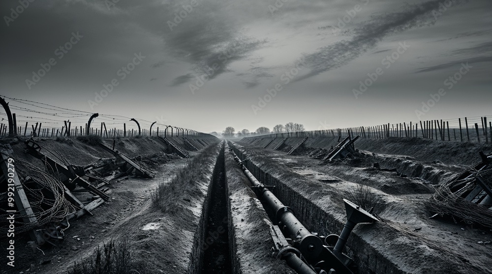 Eerie battlefield with abandoned trenches and barbed wire under ...