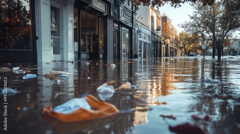 Flooded city streets with high water levels reaching storefronts, trash ...
