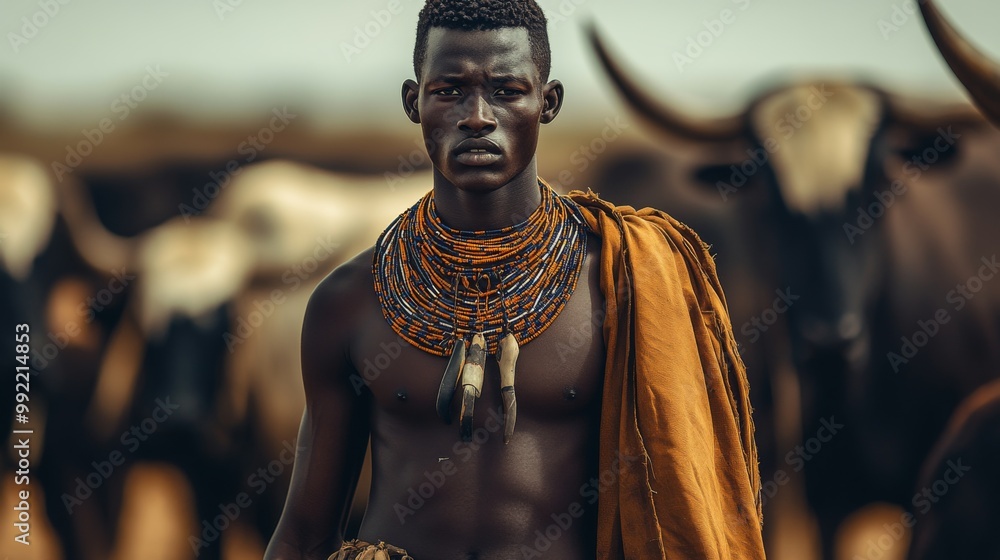 A young tribesman from a nomadic society, dressed in a vibrant beaded ...