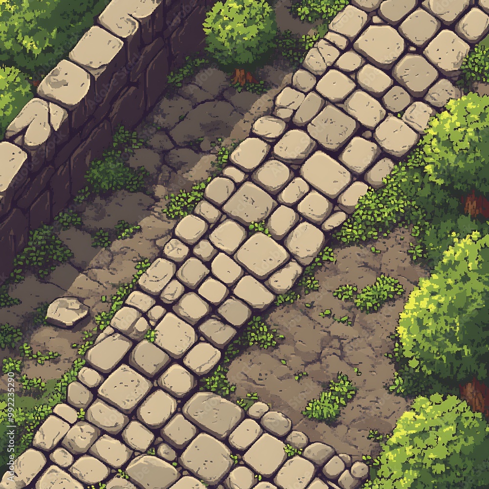 Top down view of cobblestone path with overgrown weeds and stone wall ...
