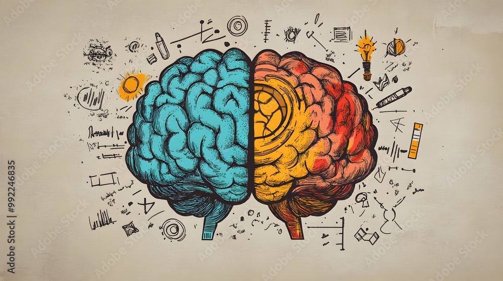Hand-drawn illustration of a human brain with scribbled thoughts and ...