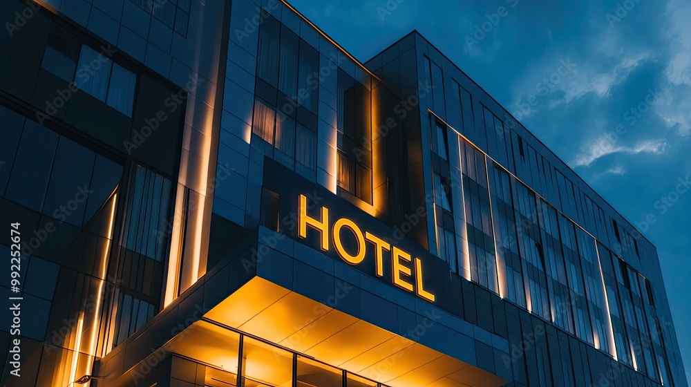 A modern luxury hotel exterior with an illuminated "HOTEL" sign on the ...