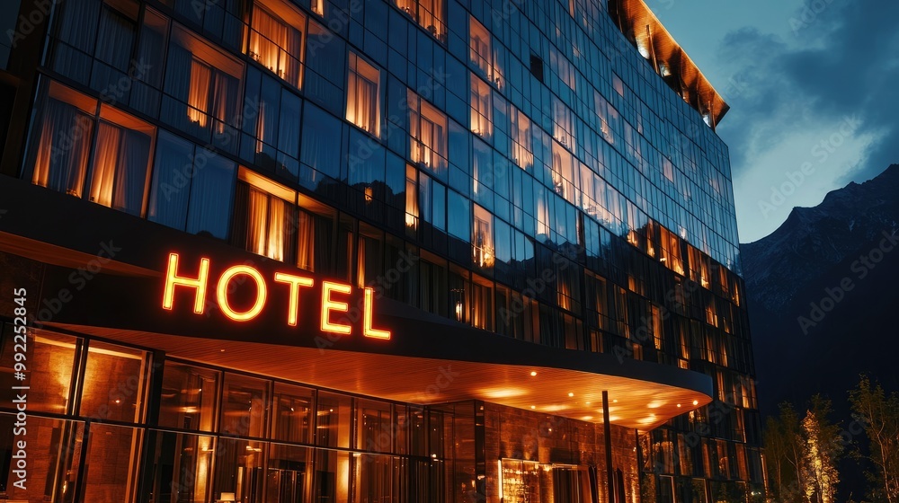A modern luxury hotel exterior with an illuminated "HOTEL" sign on the ...