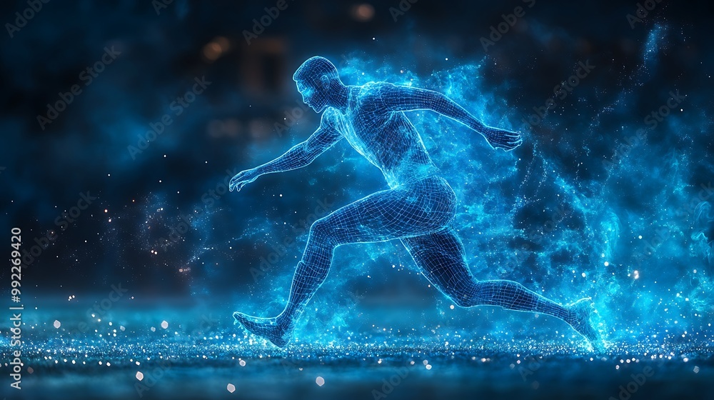 Blue digital soccer player with glowing data, artificial intelligence ...