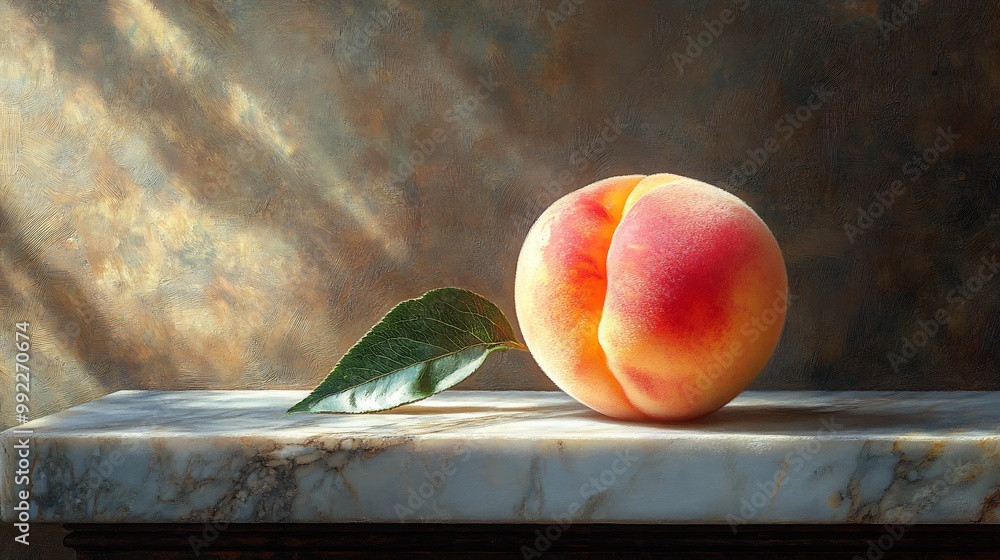 Single peach resting on a marble pedestal in an art gallery with soft ...