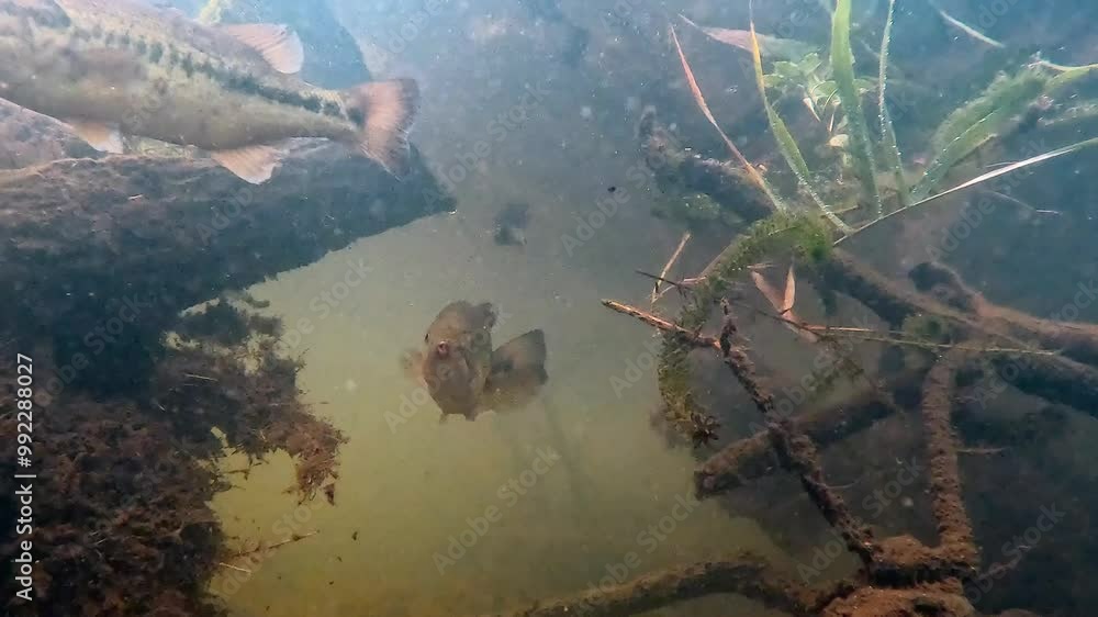 A pair of Black Bass (Micropterus salmoides) swim near submerged ...