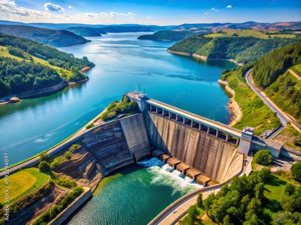 Aerial view of a pumped storage hydropower plant situated between two ...