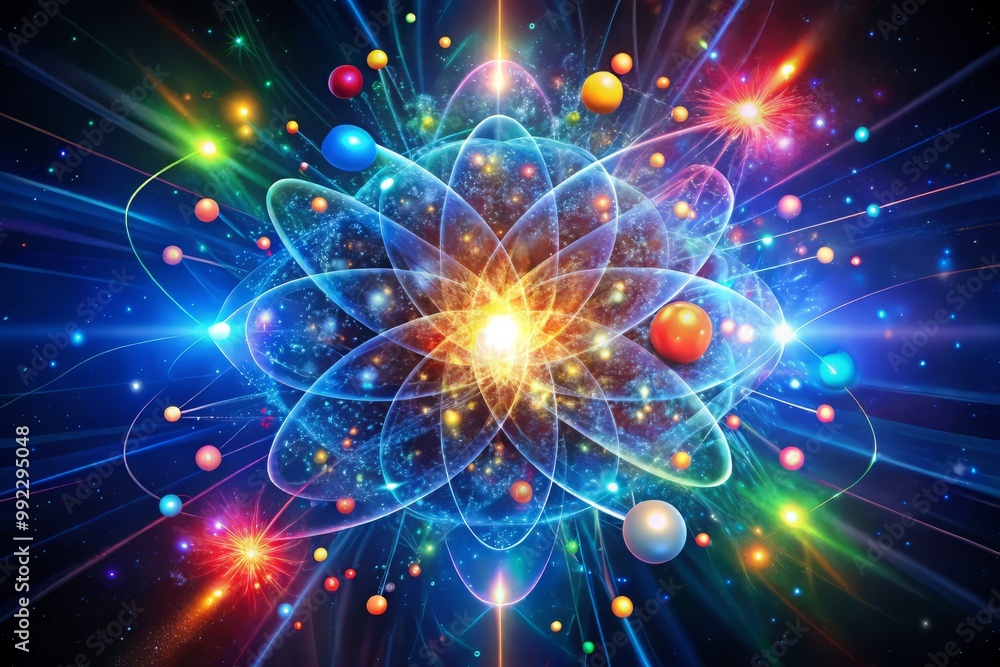 Subatomic particles interacting in a burst of colorful energy, with ...