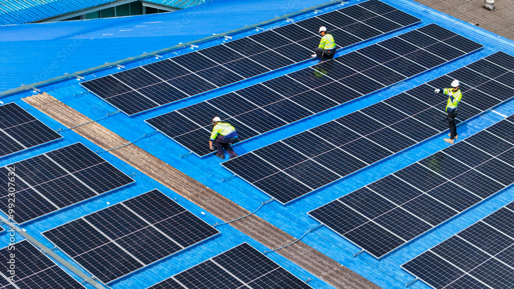 engineer man inspects construction of solar cell panel or photovoltaic ...