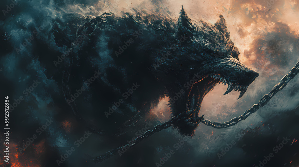 Myth of fenrir the monstrous wolf bound by the gods jaws wide open ...