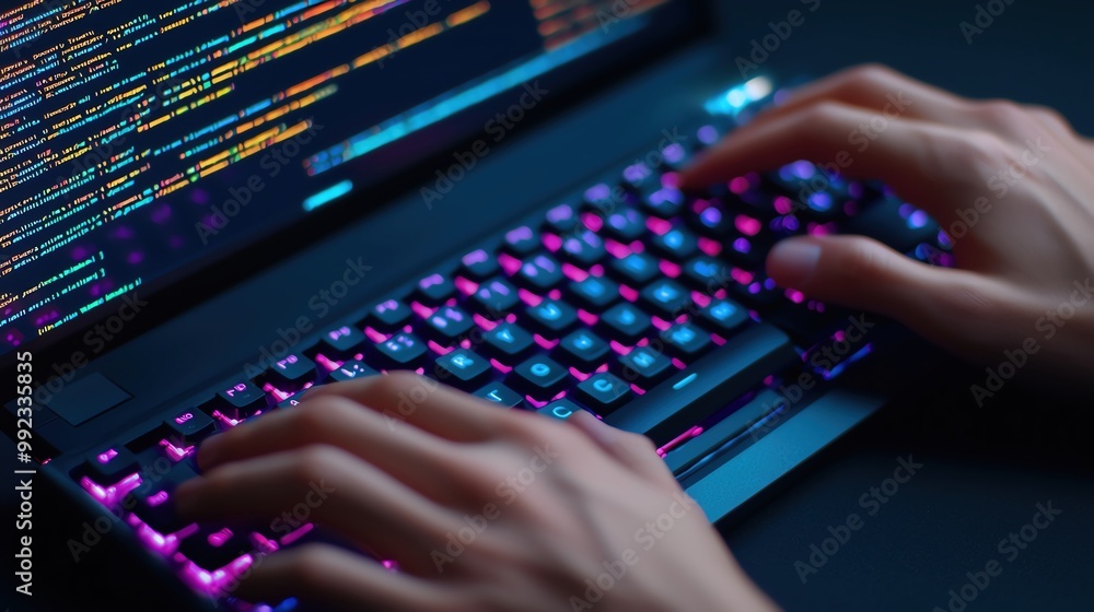 Hands typing on a mechanical keyboard with multiple code windows open, software development ...
