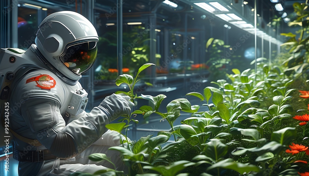 Futuristic scientist tending to plants in a space lab, exploring cosmic ...