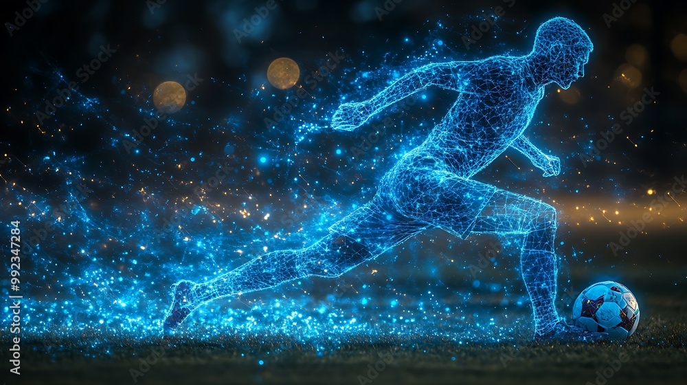 Blue digital soccer player with glowing data, artificial intelligence ...
