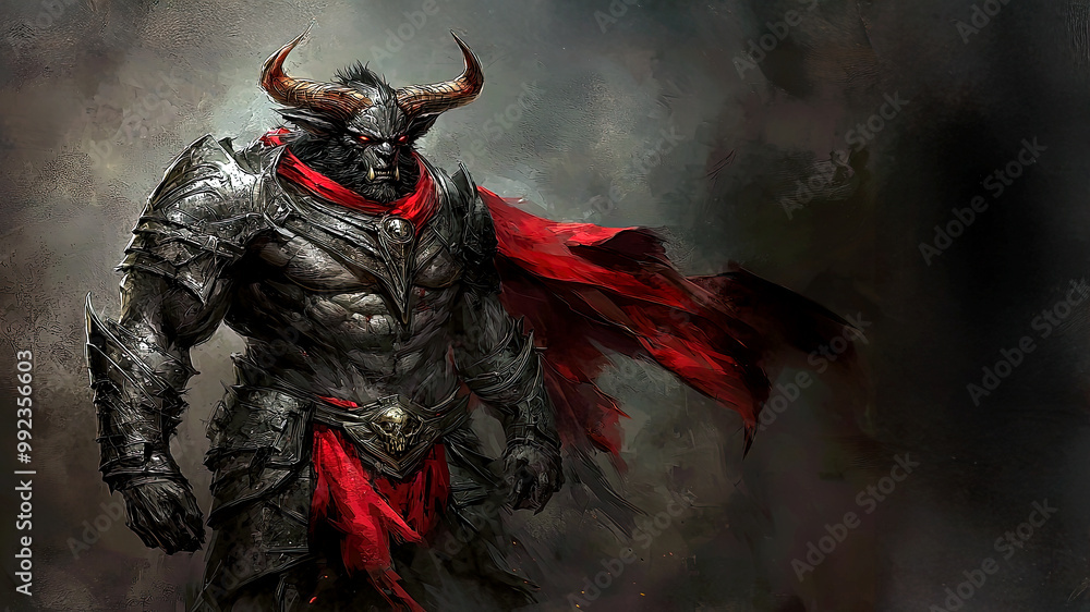 Demon warrior lord armor horns dark evil fantasy wearing a red cape ...