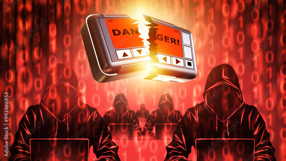 Hacker attack on pagers. Gadget is broken as result of hacking. Concept ...