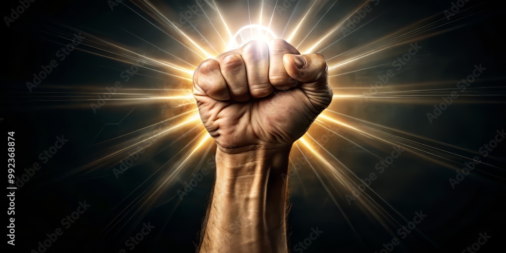 A clenched fist, illuminated from above, with fingers wrapped tightly ...