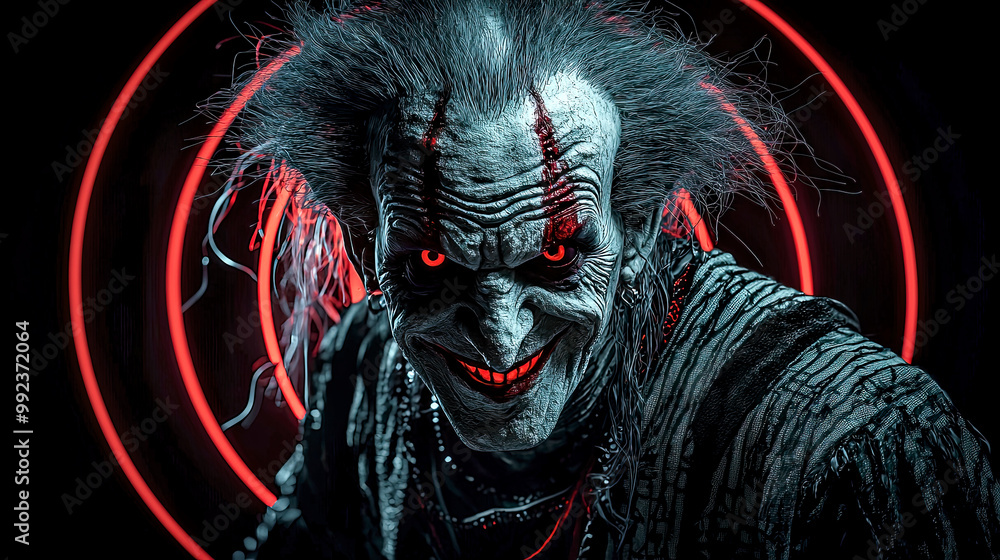 Creepy demon clown sinister scary glowing red eyes, haunting nightmare ...