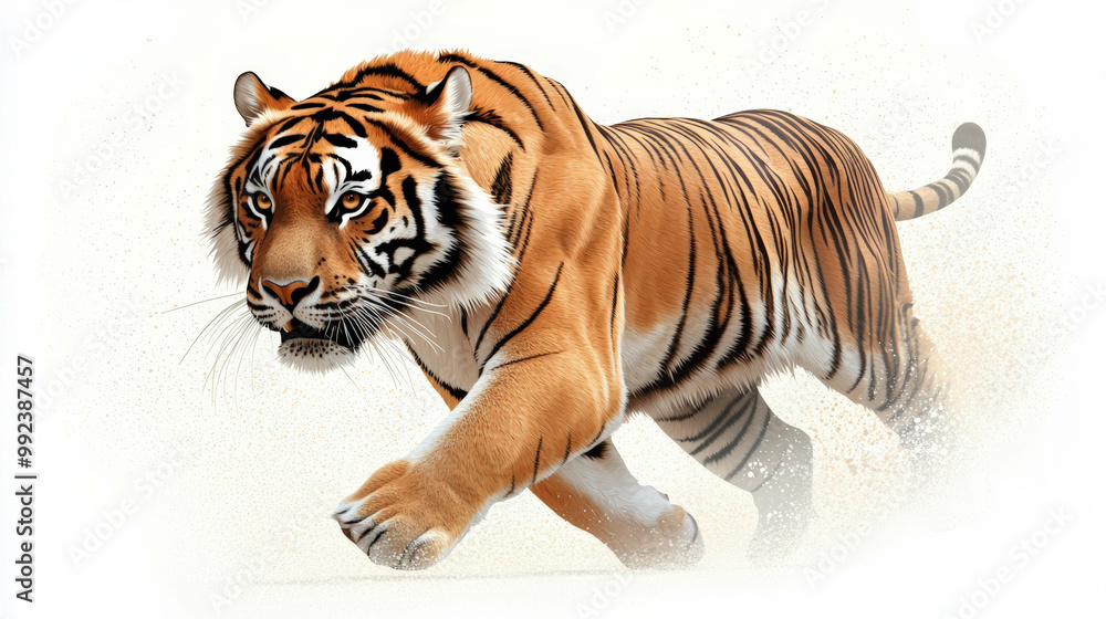 A majestic tiger in motion, its powerful stride and intense gaze ...