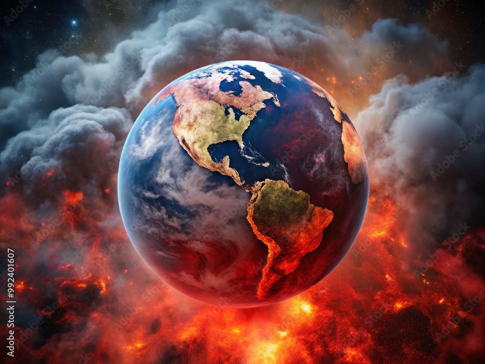 Glowing red Earth from space, with dark clouds and pollution swirling ...
