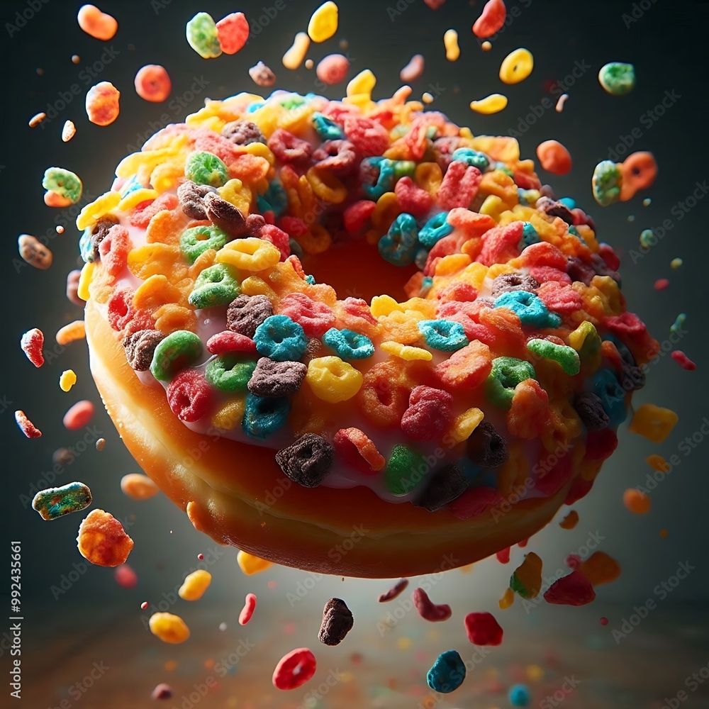 Experience the Joy of a Fruity Pebbles Donut Floating in a Zero-Gravity Setting, with Vibrant ...