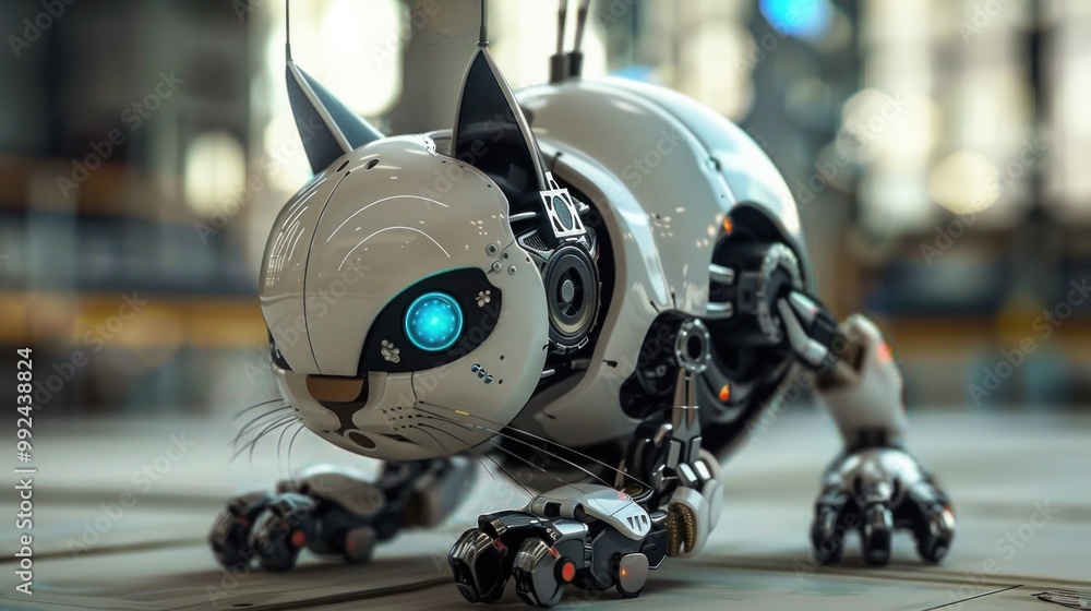 Cute futuristic robot cat as future pet with blurred home background AI ...