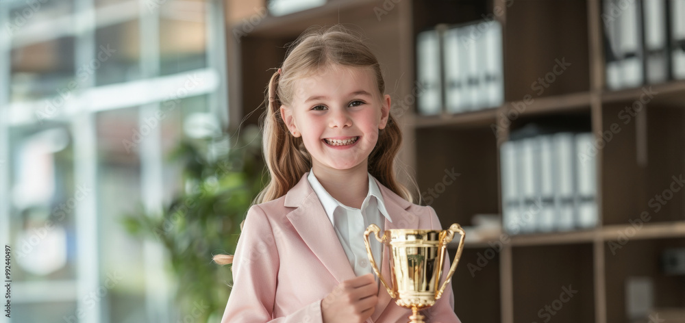 Dressed in a school uniform, a Caucasian blonde girl holds her gold ...