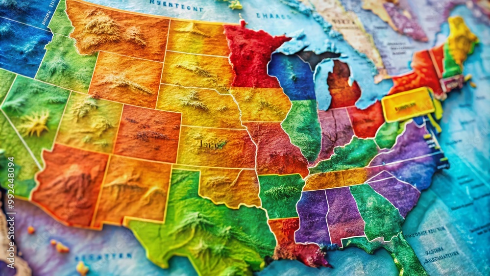 Colorful Highlighted States Map of the United States Illustrating ...