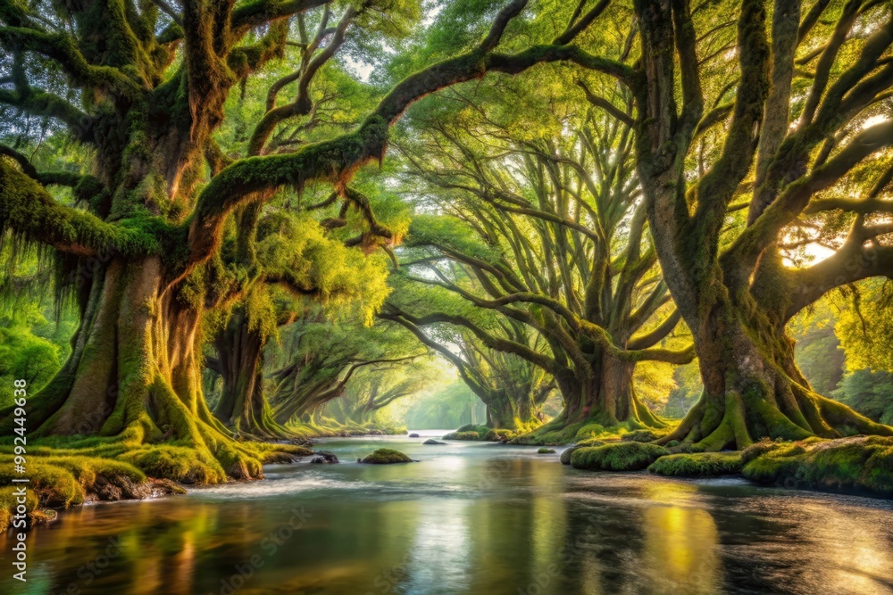 Ancient trees stand sentinel along the river's banks, their gnarled ...
