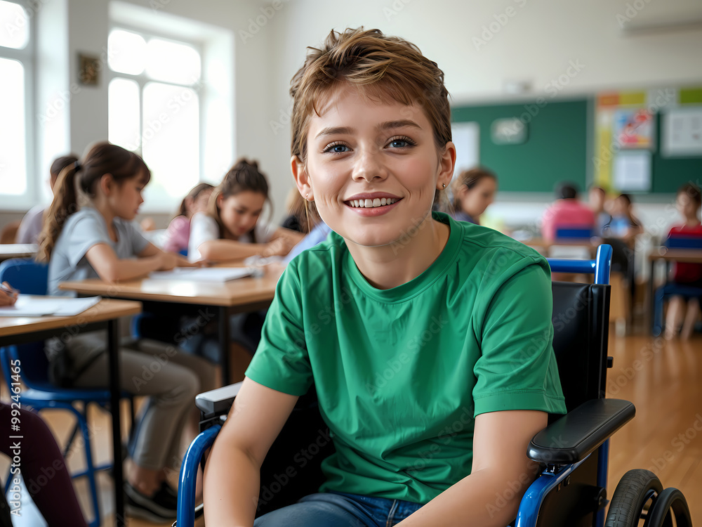 Happy disabled teenager in wheelchair. Young Caucasian girl, short cut ...