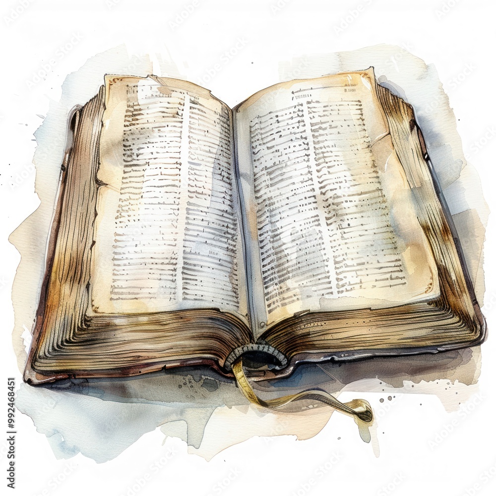 Watercolor clipart of a Bible open to a psalm detailed and inviting ...