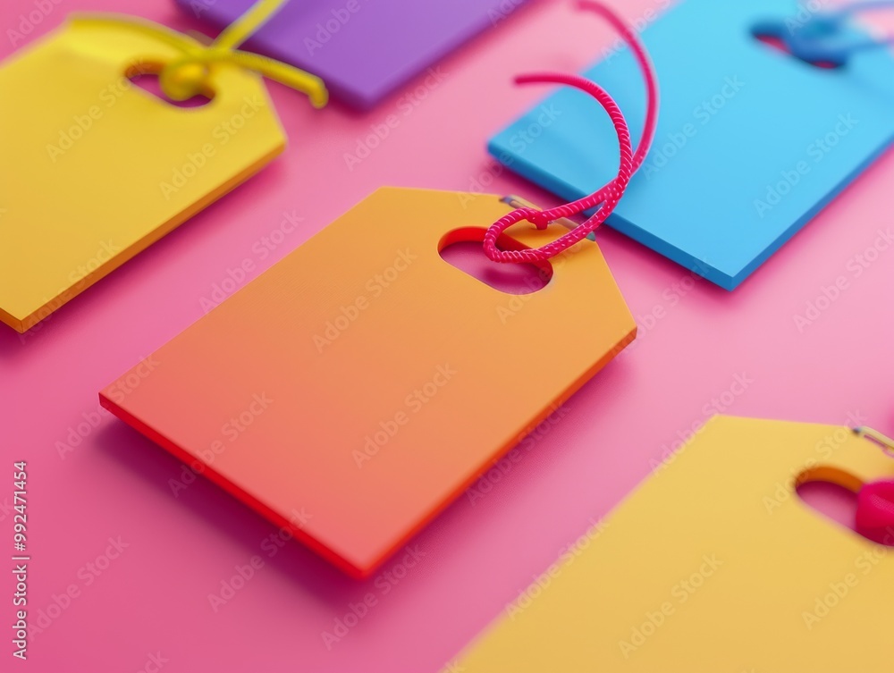 Colorful blank price tags with string on a pink background. Perfect for ...