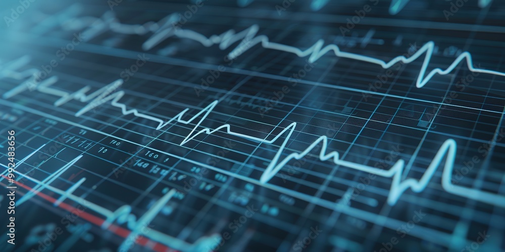 Close-up view of a portable ECG device screen displaying real-time ...