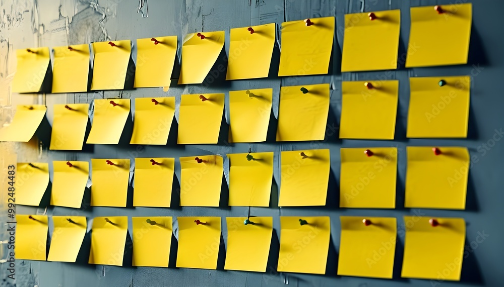 Colorful grid of yellow sticky notes affixed to a wall with pins ...