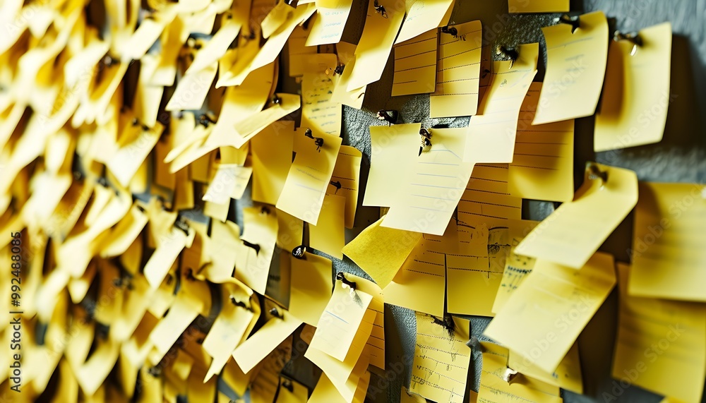 Colorful grid of yellow sticky notes affixed to a wall with pins ...
