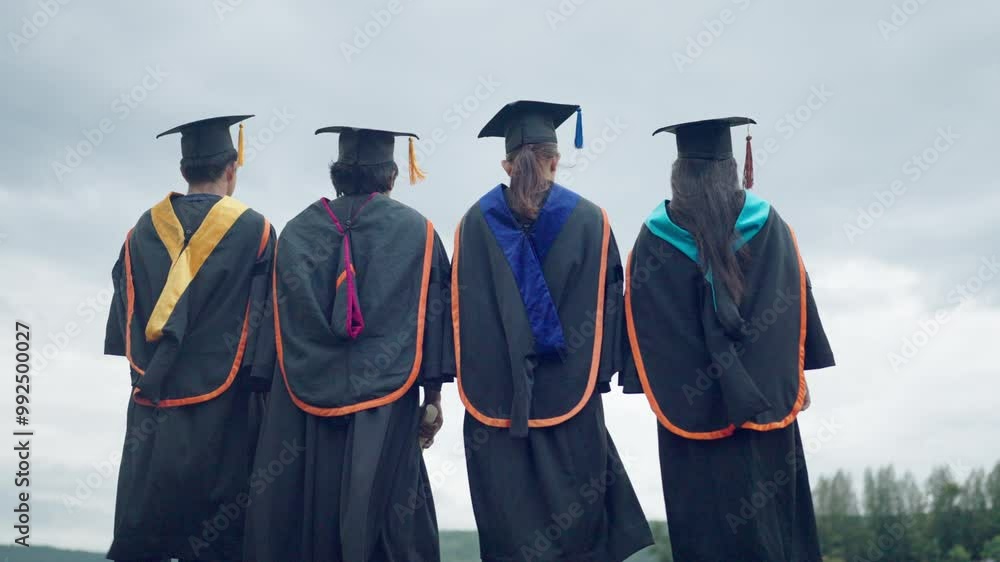 Four graduates are standing in a field, wearing their caps and gowns ...