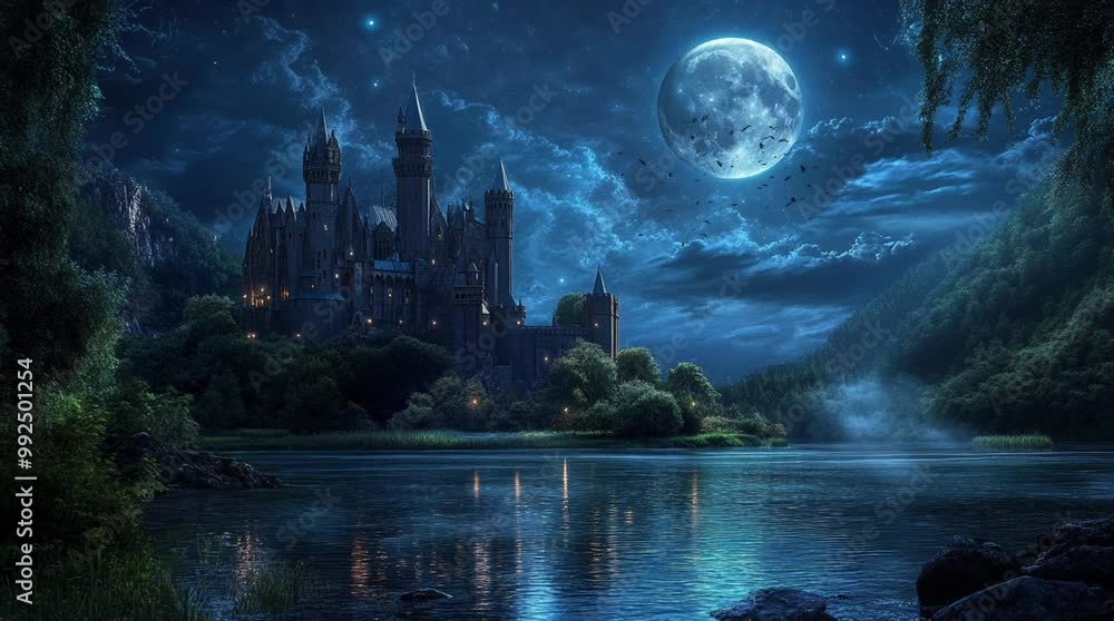 Majestic castle under the full moon, glowing in a mystical fantasy ...