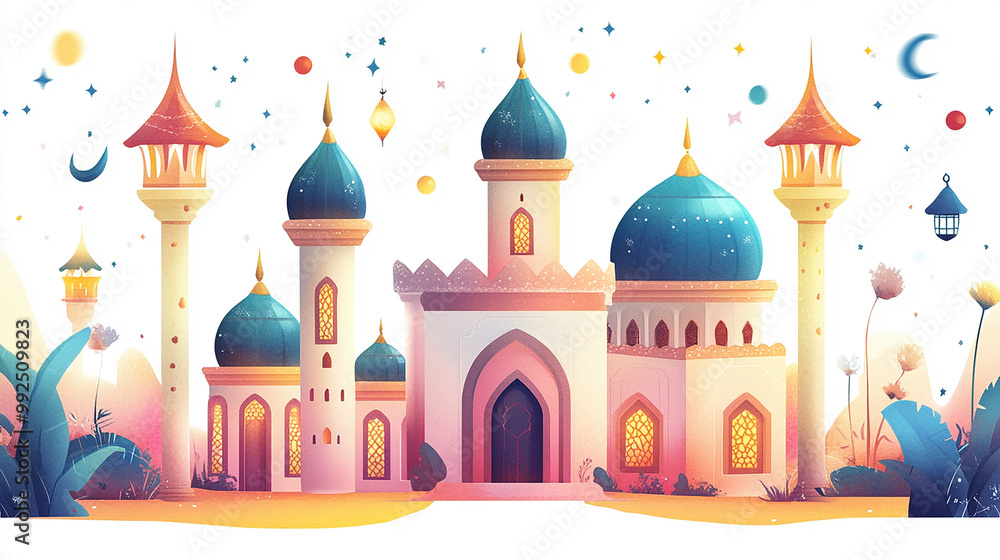 Cartoon illustration of a colorful mosque with minarets, domes and ...