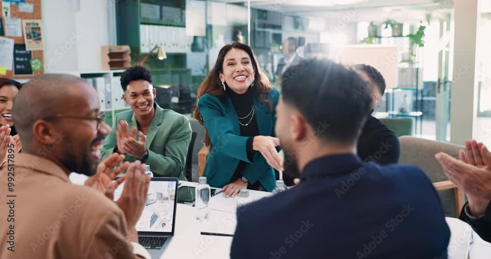 Business people, handshake or applause to man for success with ...