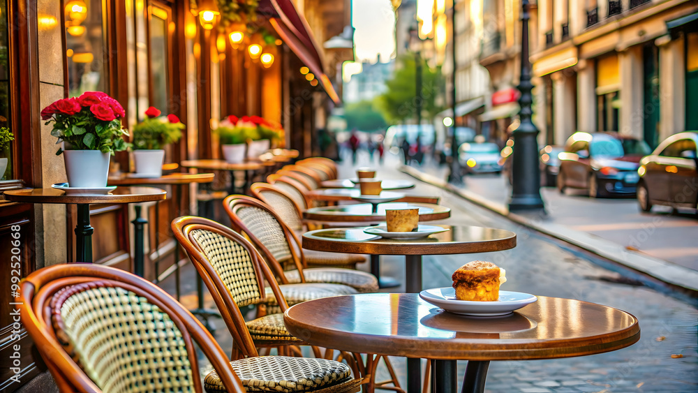 Street cafe in Paris with traditional outdoor seating, serving coffee ...