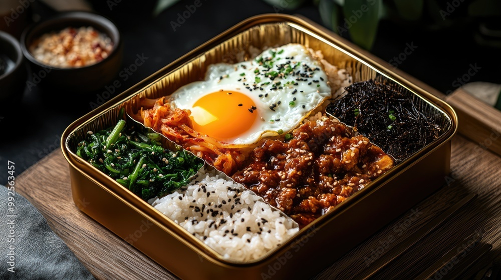 Korean Dosirak lunchbox with sections of rice, marinated bulgogi, spicy ...