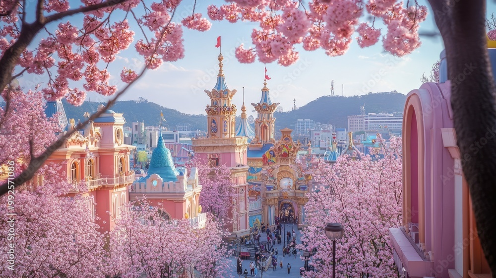Lotte World Amusement Park with cherry blossoms in full bloom, the ...