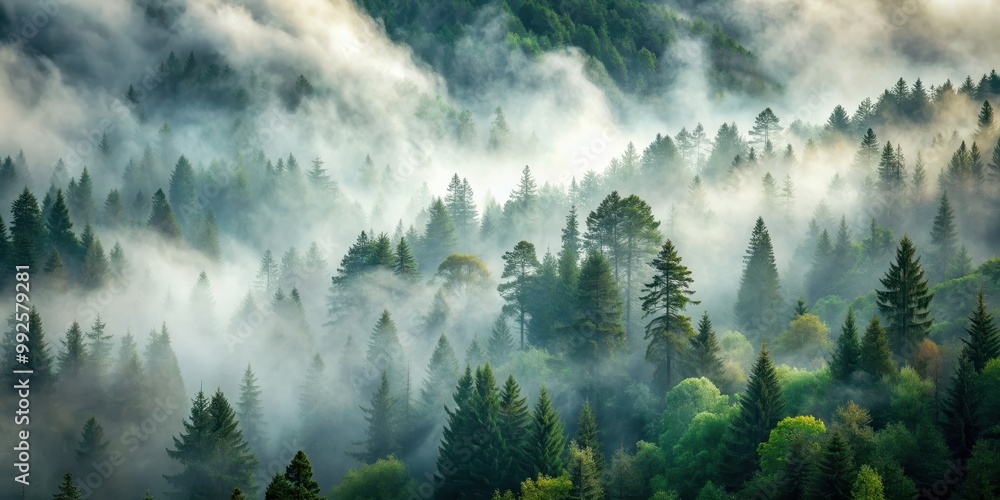 Foggy forest landscape with trees and mist , fog, trees, environment ...