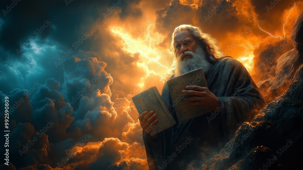 Moses on Mount Sinai Lifting the Ten Commandments as Storm Clouds and ...