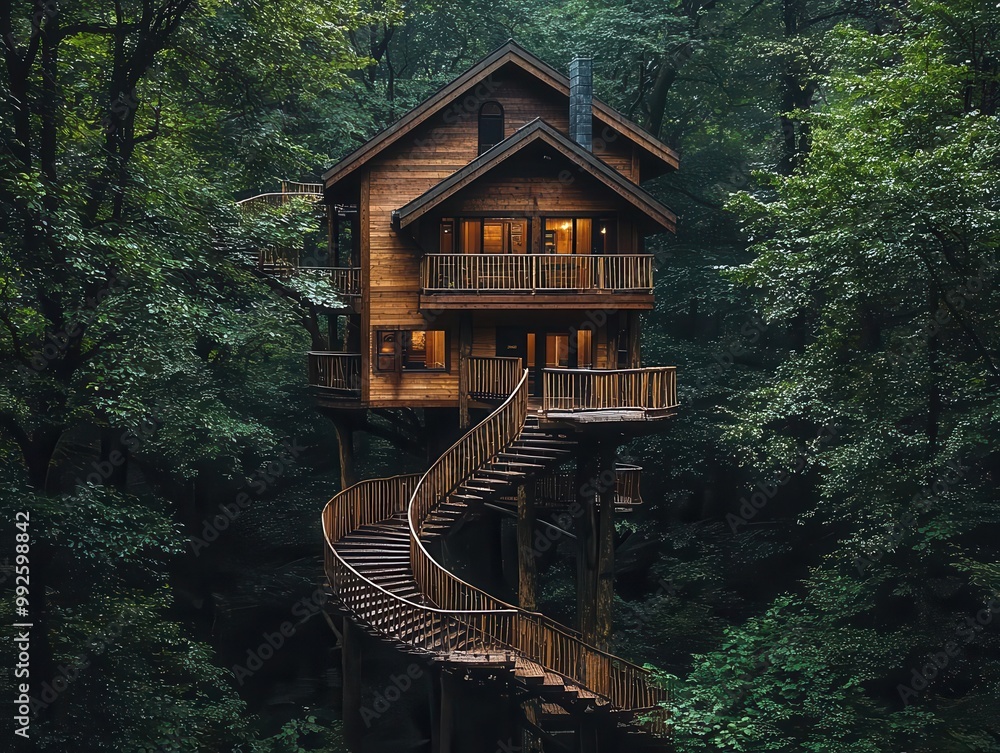 A multi-story tree house with an internal spiral staircase, connecting ...